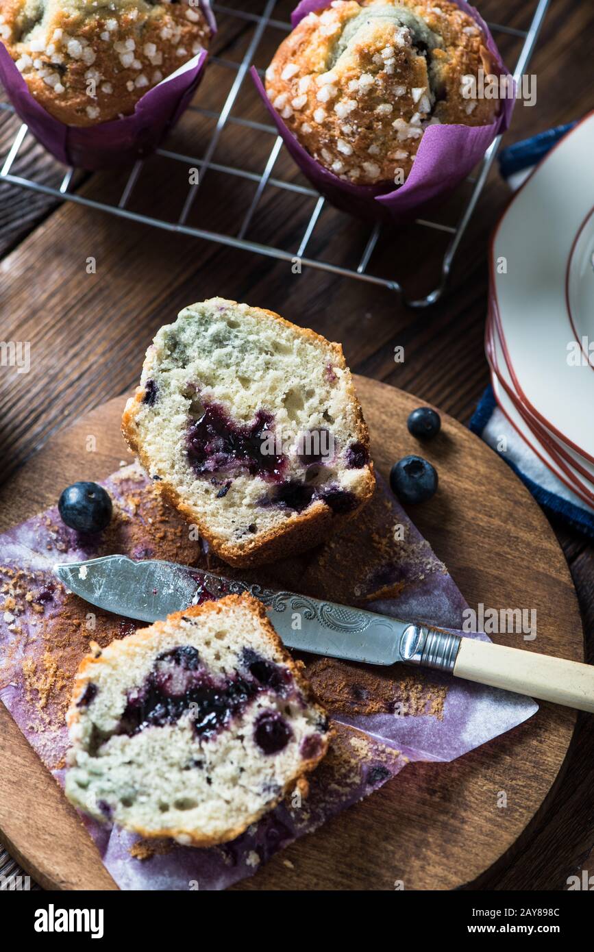 Fresh homemade blueberry muffin, cut in half Stock Photo - Alamy