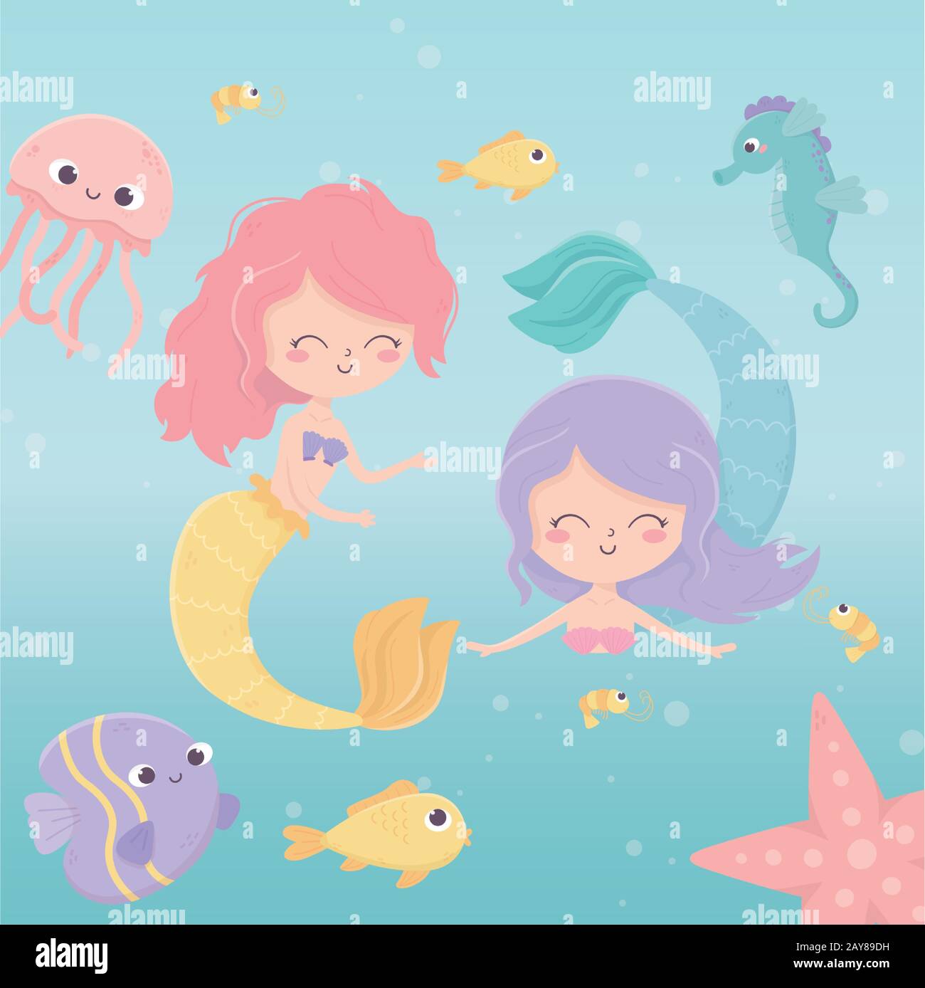 mermaids jellyfish octopus starfish fishes shrimp cartoon under the sea ...