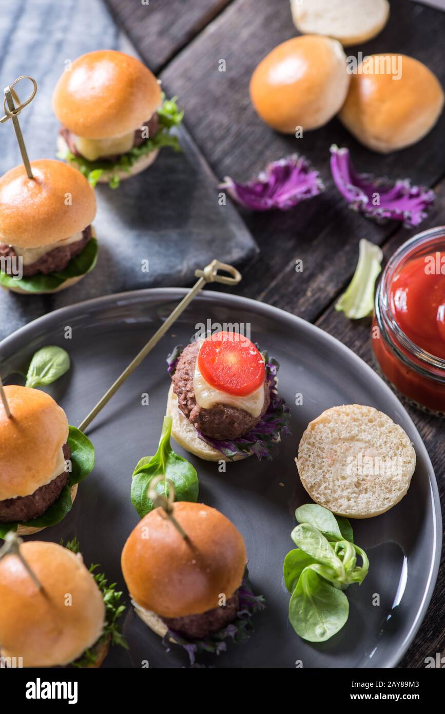 party food, beef burgers Stock Photo - Alamy