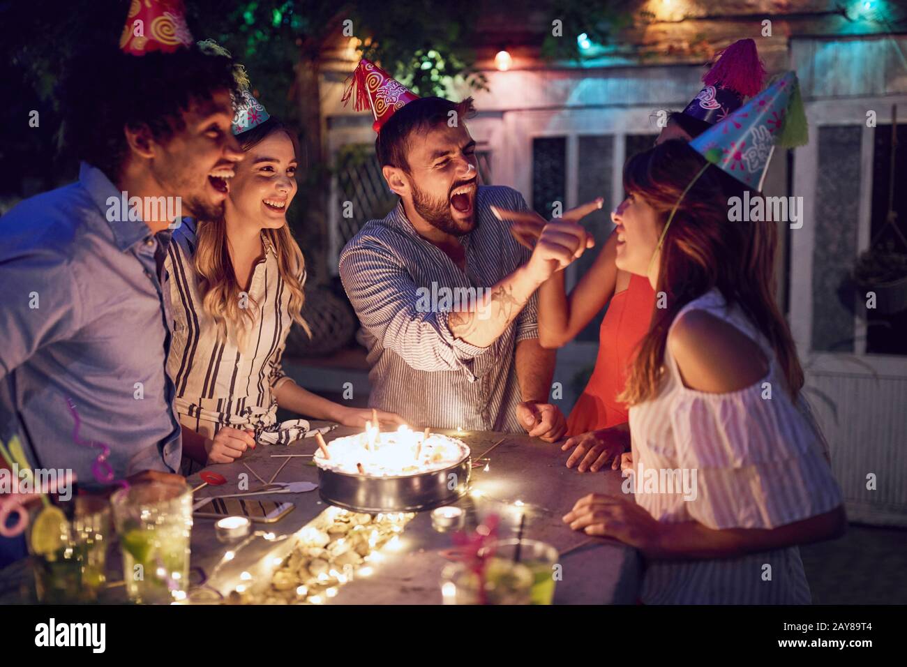 friends, social, togetherness, nighttime, birthday party concept ...