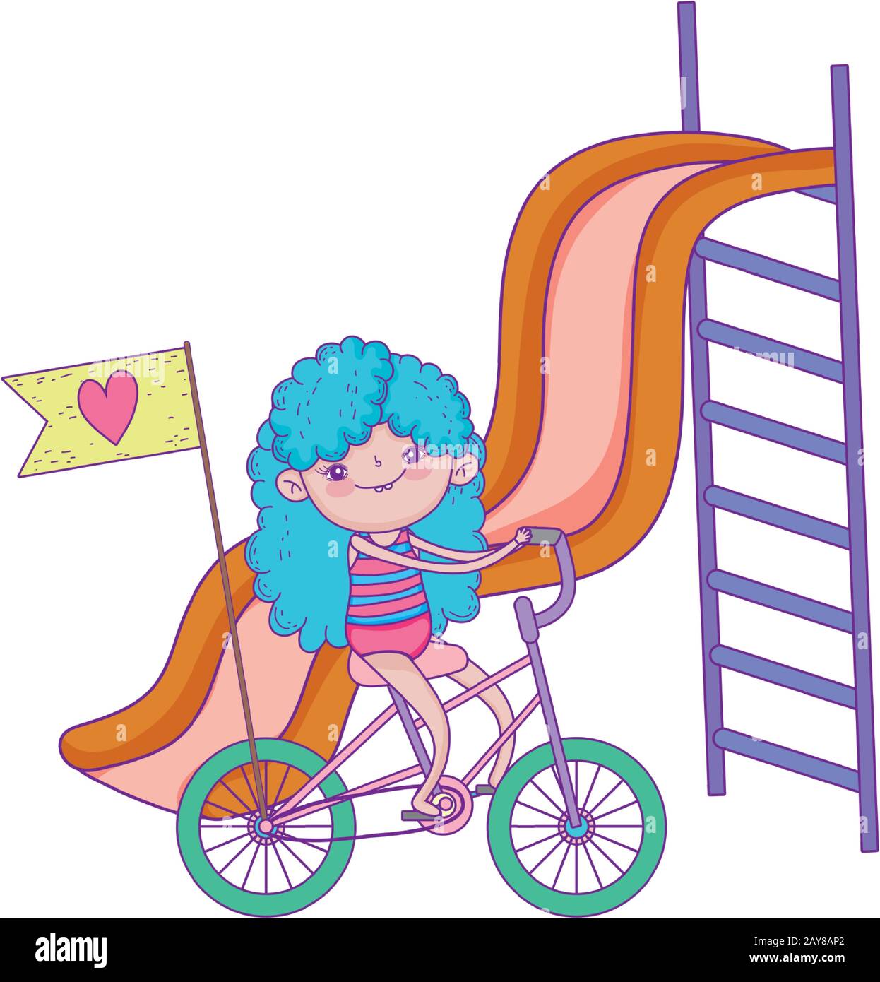 happy childrens day, girl playing in slide and girl riding bike in the ...