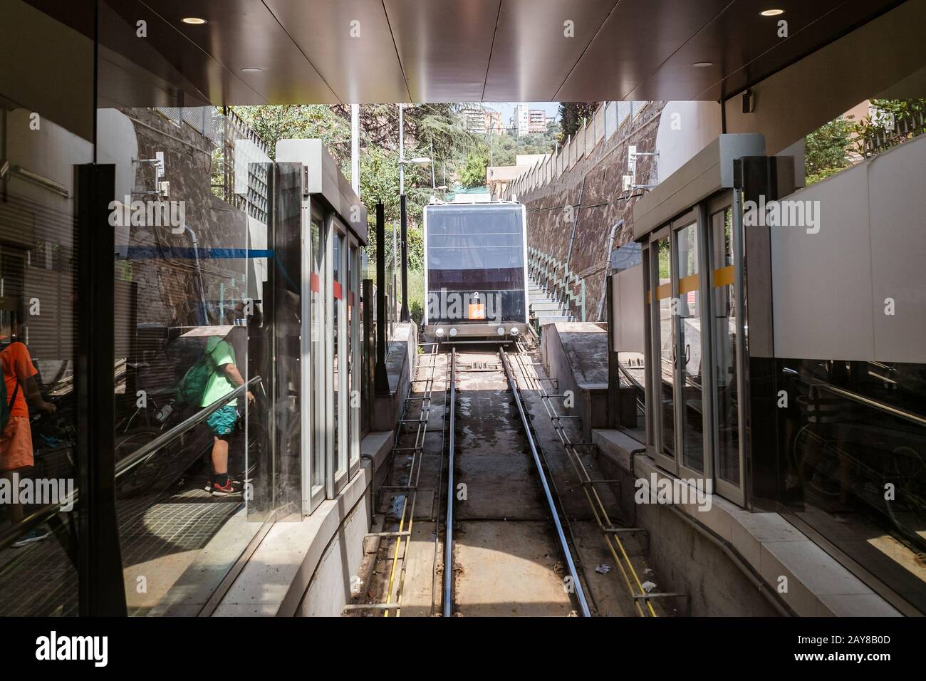 10 JULY 2018, BARCELONA, SPAIN: Funicular Train Climbing at the Hill in ...