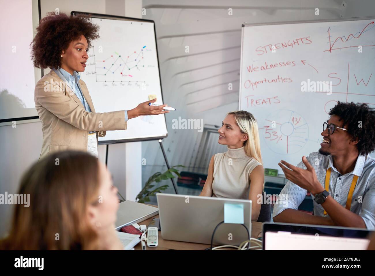 group of colleagues at meeting discussing about SWOT analysis. business ...