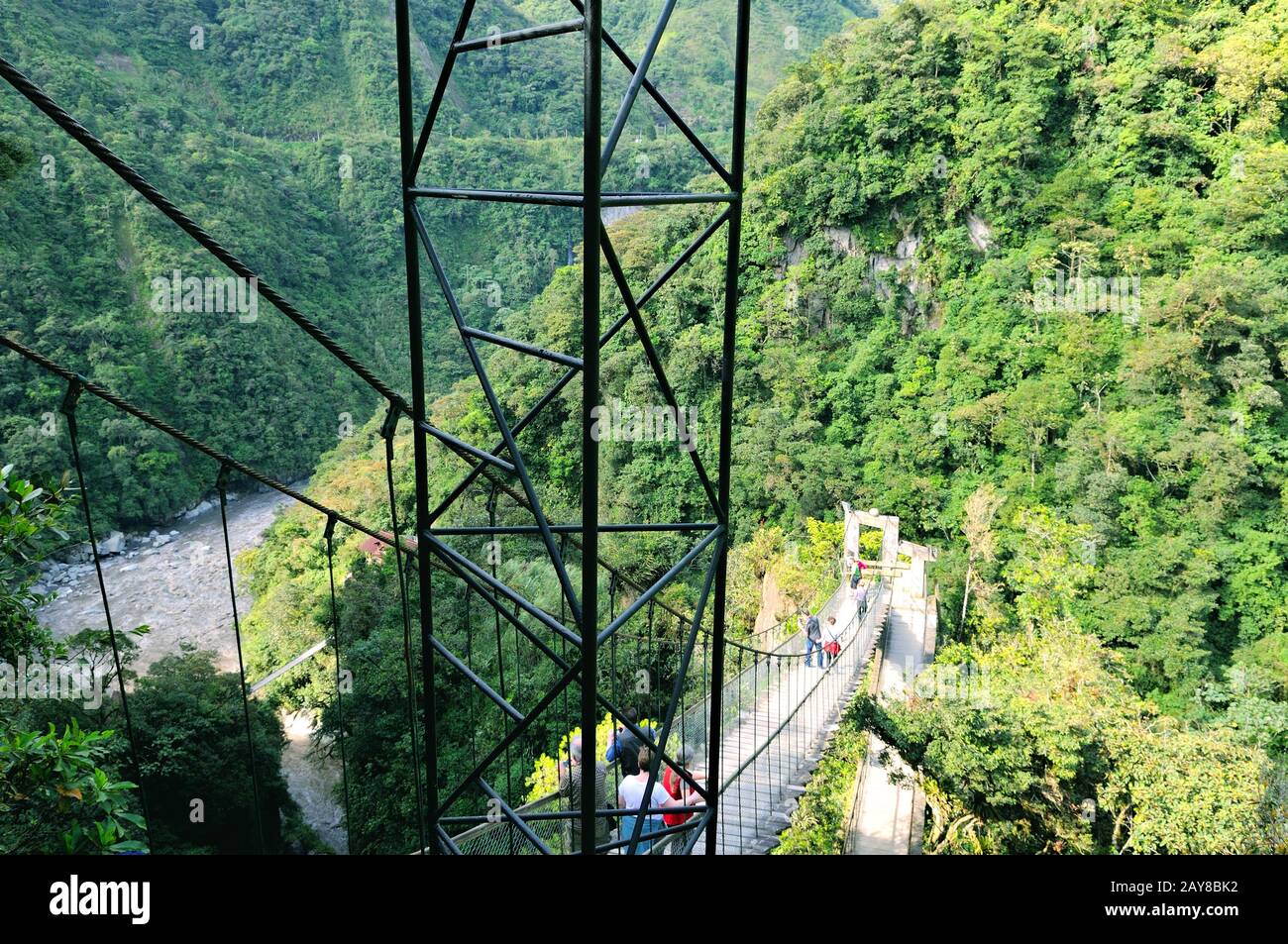 Suspension bridge to the waterfall Pailon del Diablo Banos in Ecuador ...