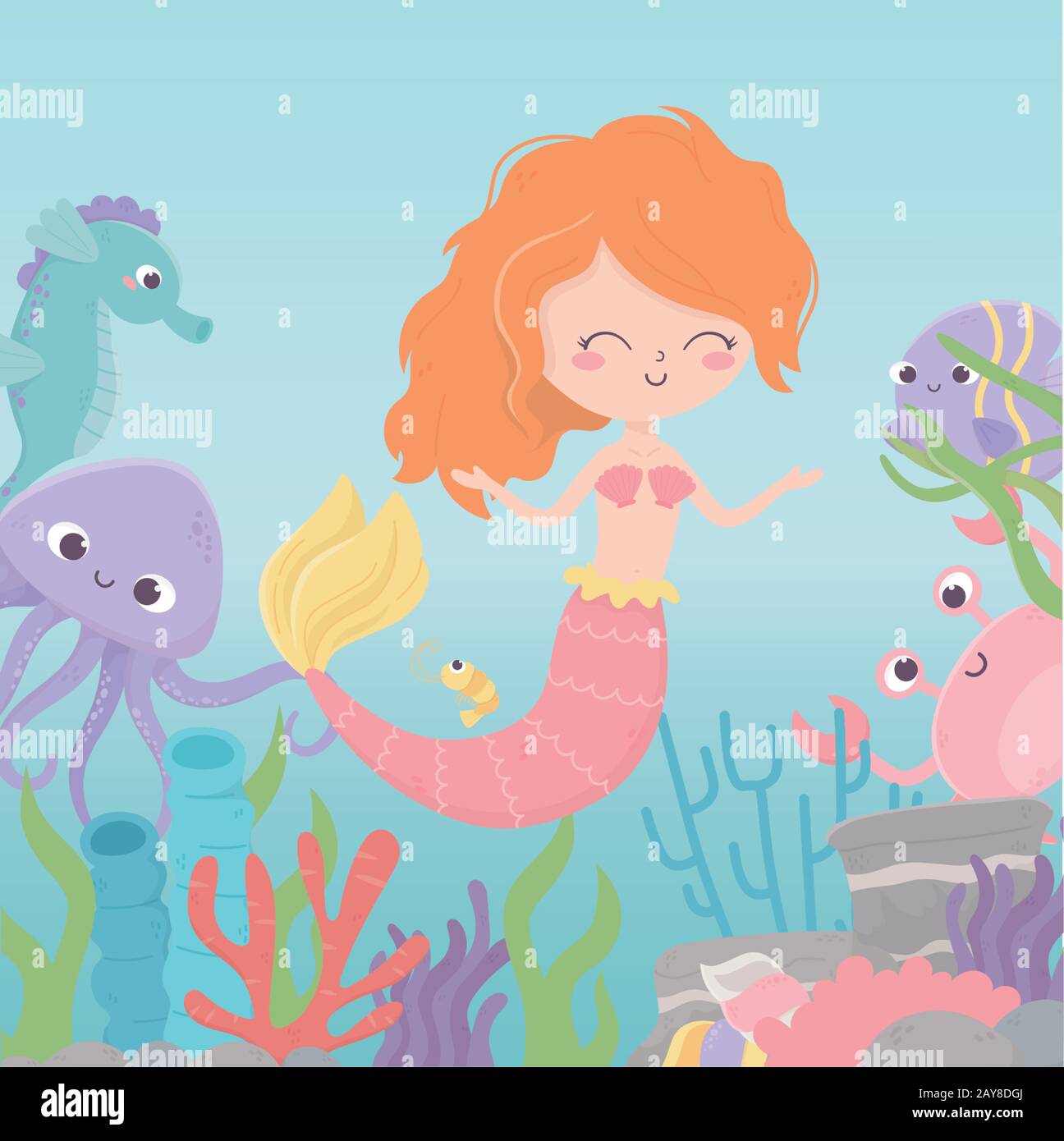 mermaid seahorse octopus crab shrimp coral cartoon under the sea vector ...