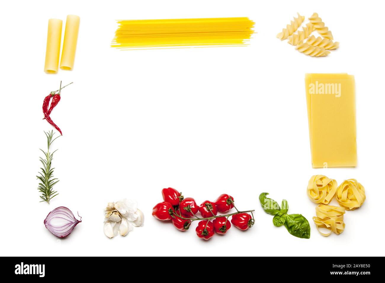 Frame of pasta and ingredients on white Stock Photo - Alamy