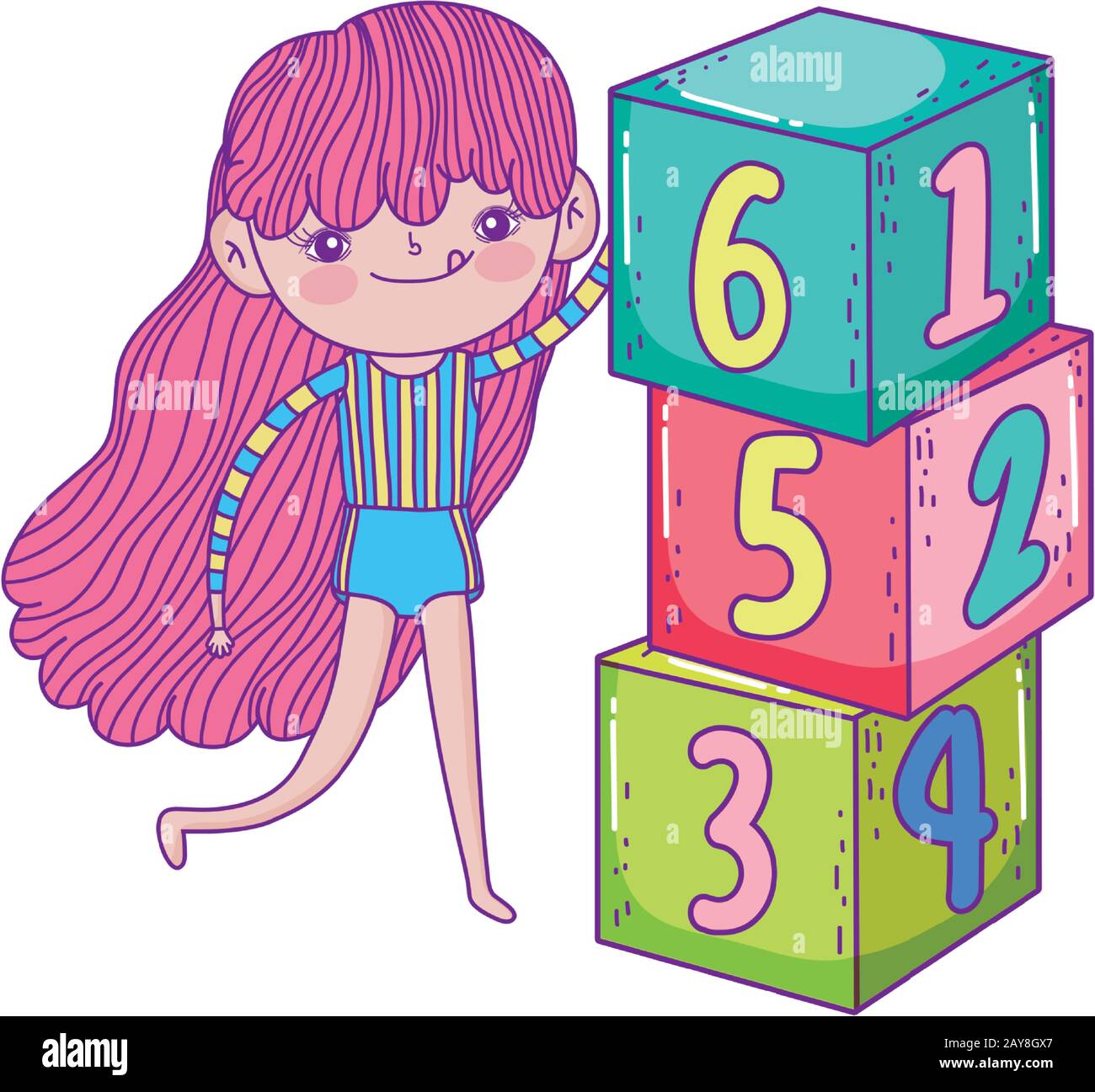 happy childrens day, cute girl with numbers blocks park vector ...