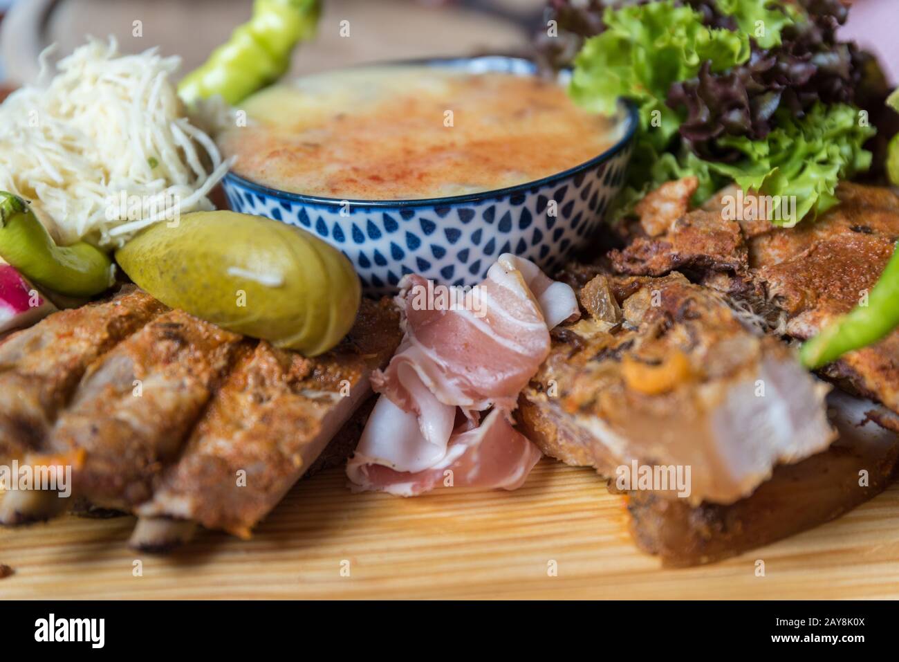 delicious cold buffet on wooden plates - close-up Stock Photo - Alamy