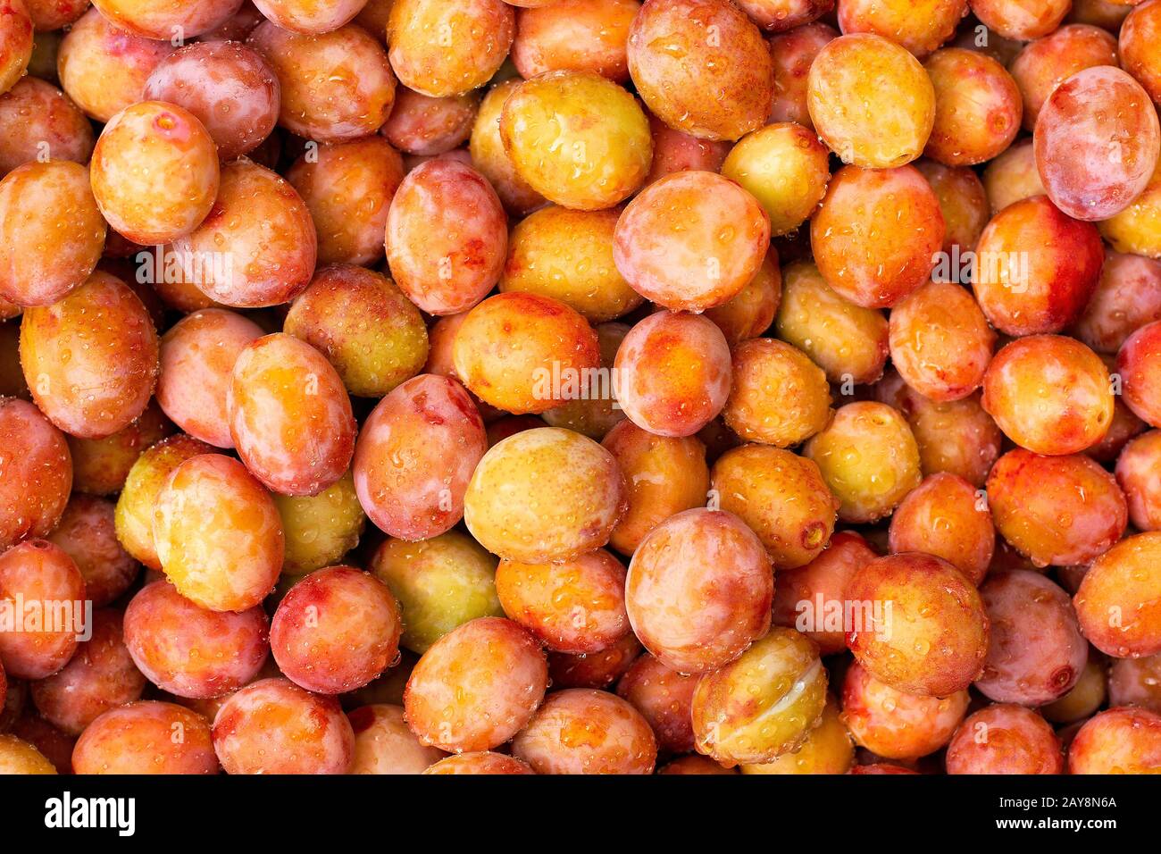 Fresh yellow plums. Food. Top view natural texture. Macro photo. Image ...