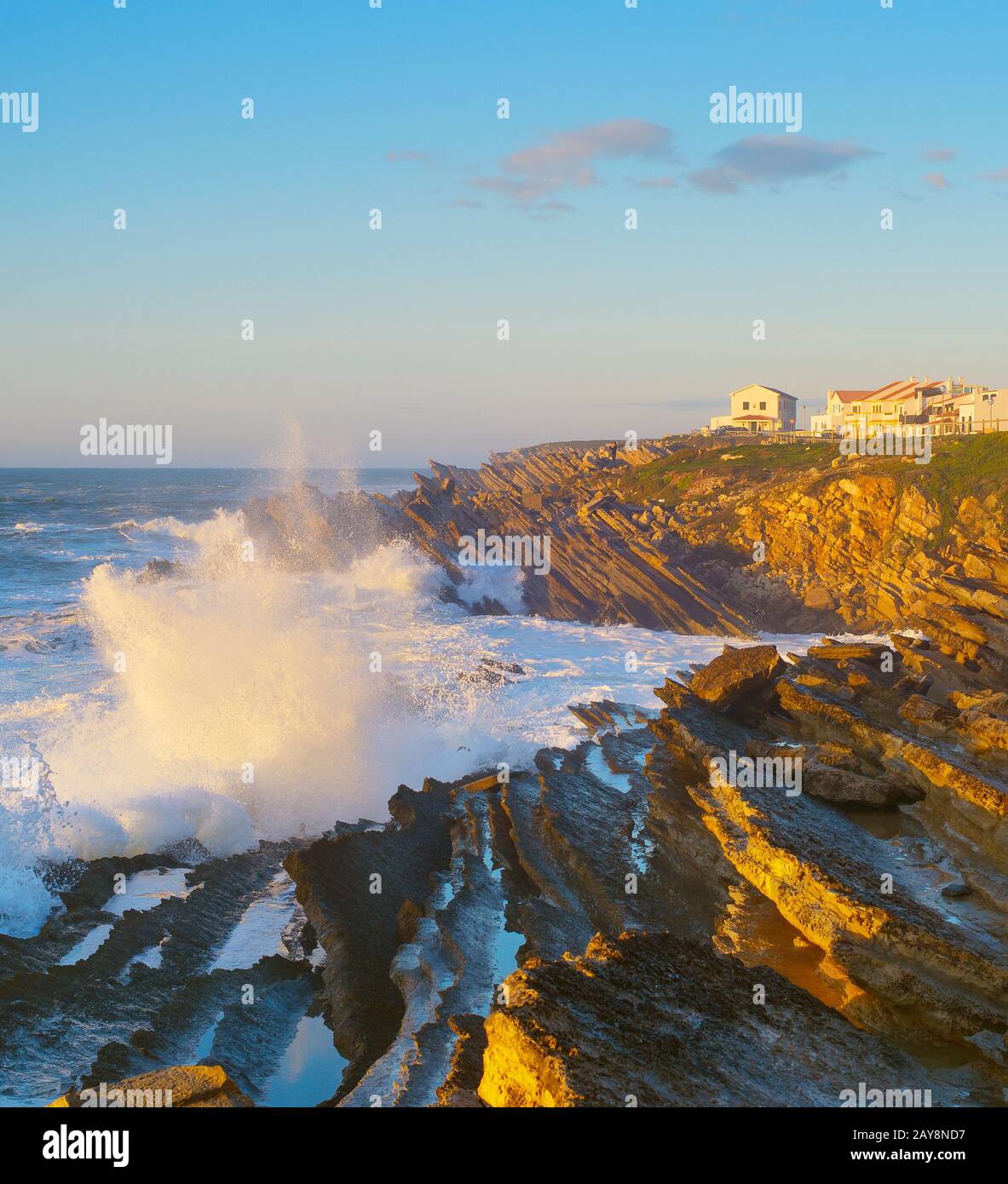 Rock ocean wave town Portugal Stock Photo - Alamy