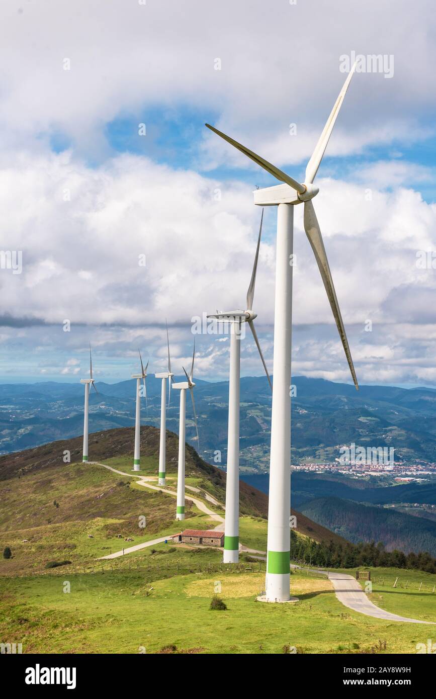 Renewable energy. Wind turbines, eolic park in scenic landscape of ...
