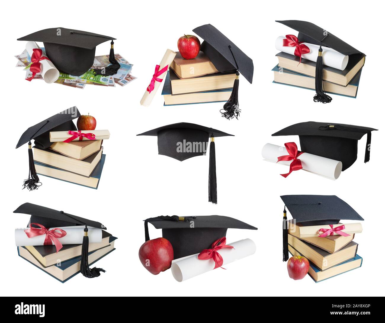 Graduate hat, books and scroll Stock Photo - Alamy