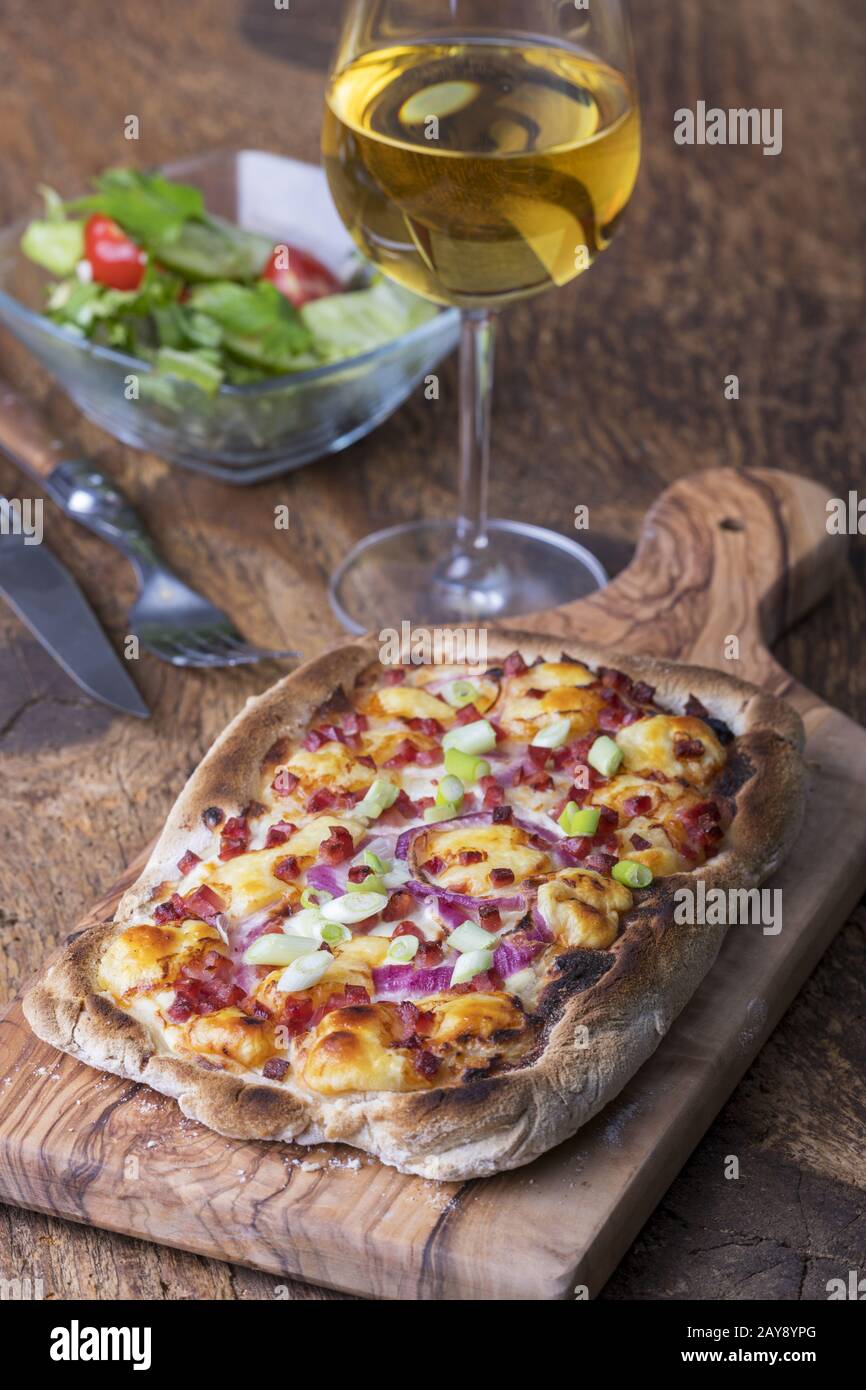 homemade French tarte flambée with wine Stock Photo - Alamy
