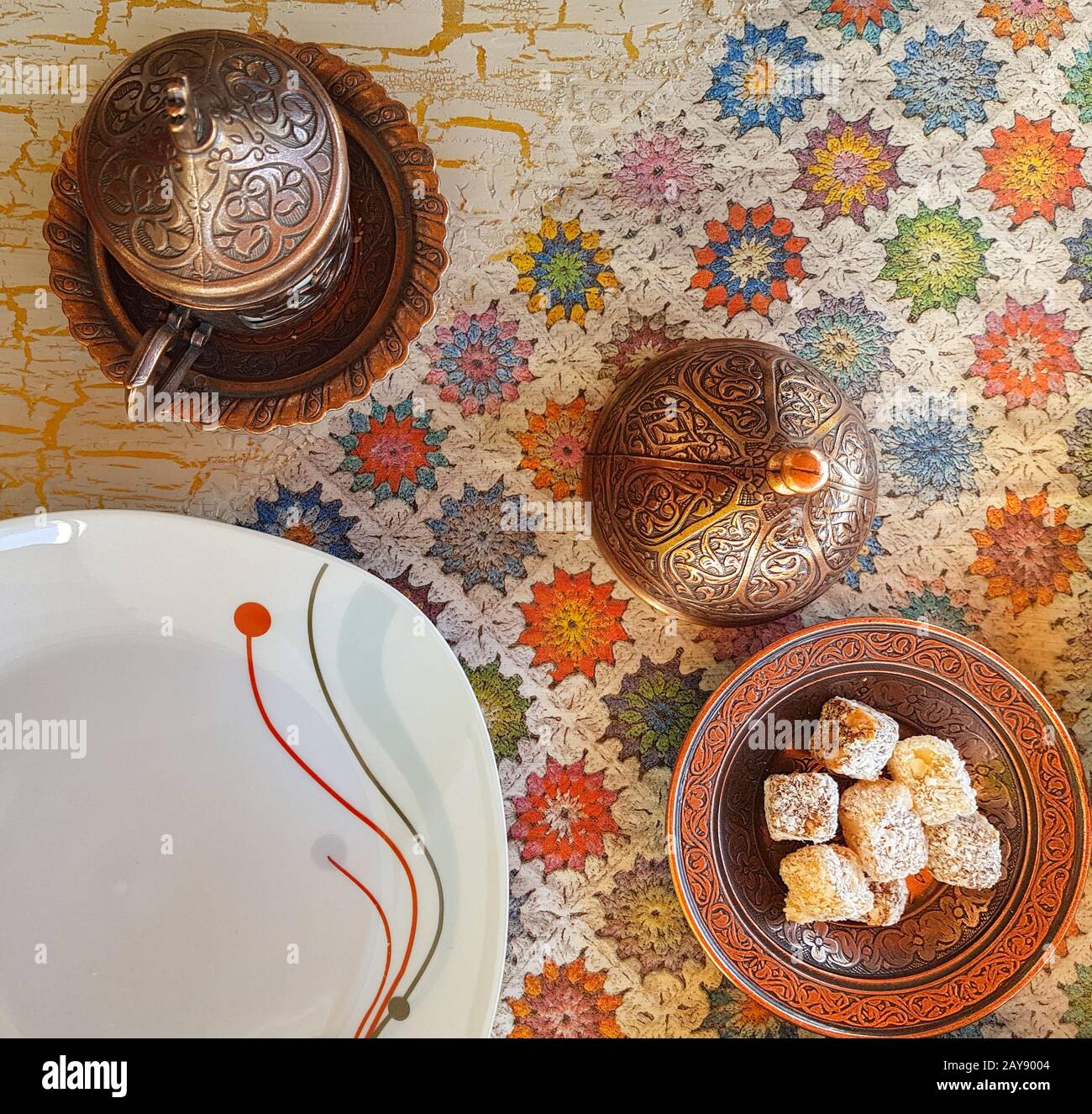 Traditional turkish coffee and turkish delight in traditional copper ...
