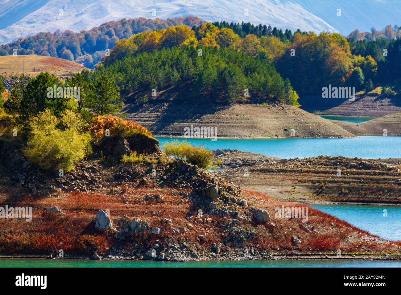 View of the scenic Aoos artificial lake shore in Epirus, northern ...