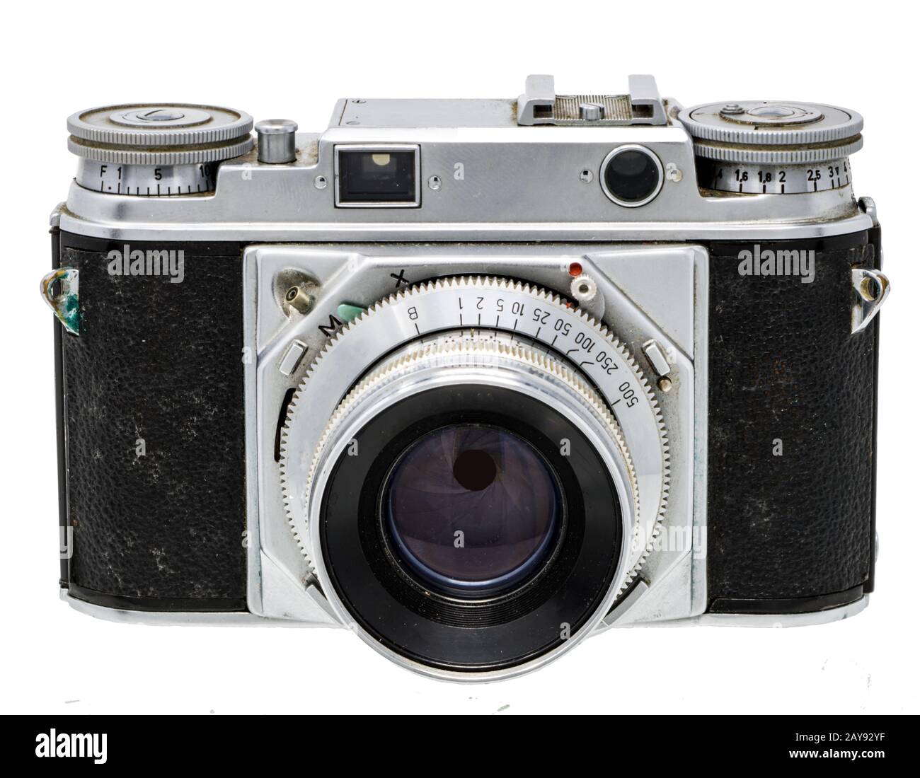 Portrait of an old camera with sun visor isolated on white Stock Photo ...