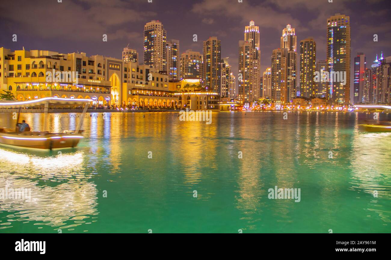 skyline of Dubai at night as a night shot Stock Photo - Alamy