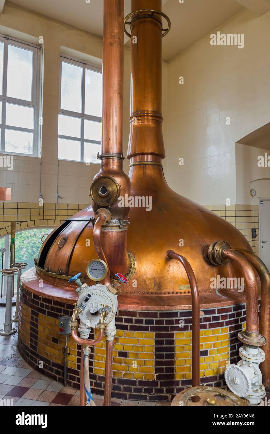 Mater, Belgium - April 29, 2017: Vintage copper kettle in brewery Roman ...