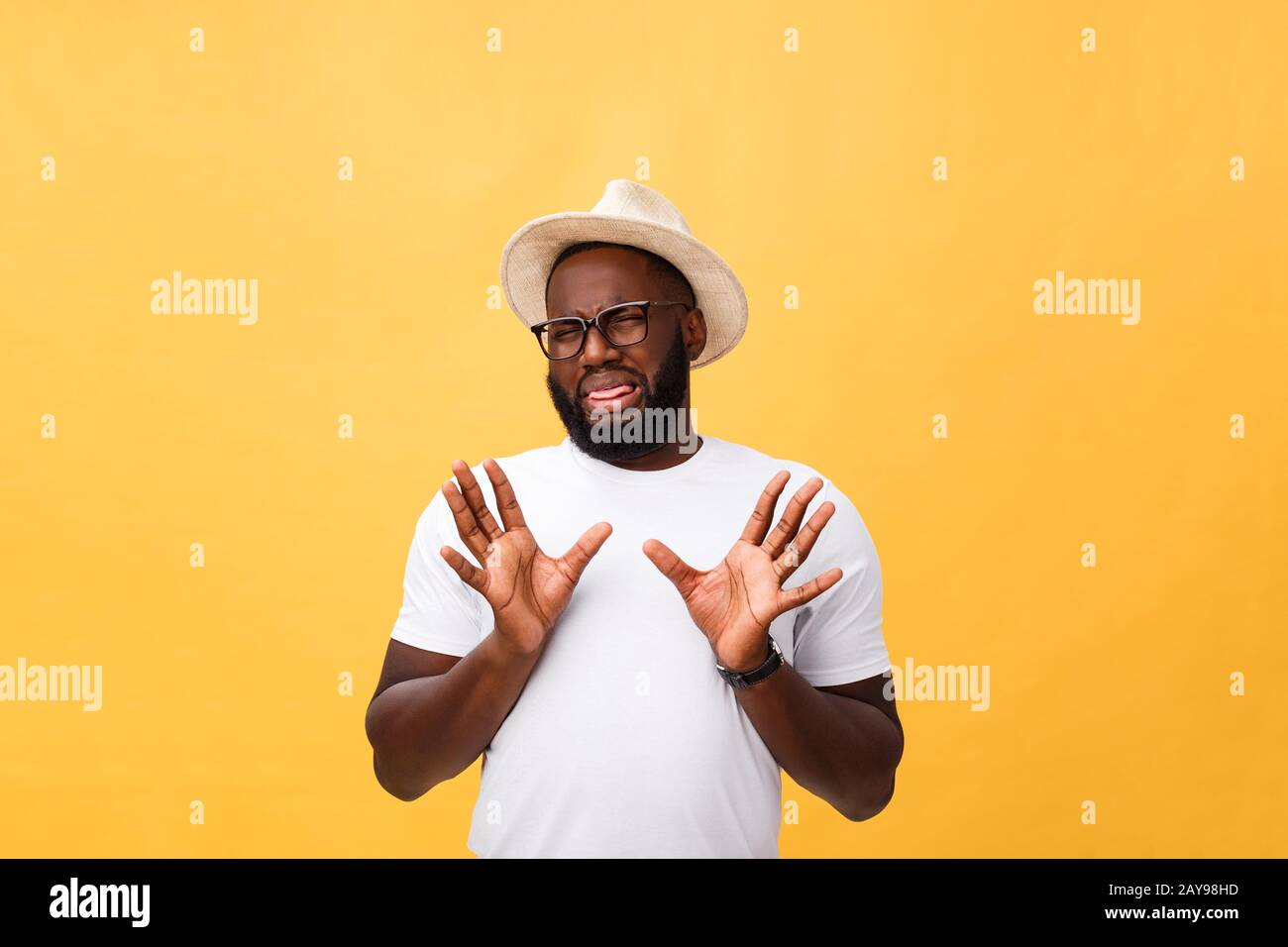 Closeup portrait of shocked mad young man raising hand up to say no ...