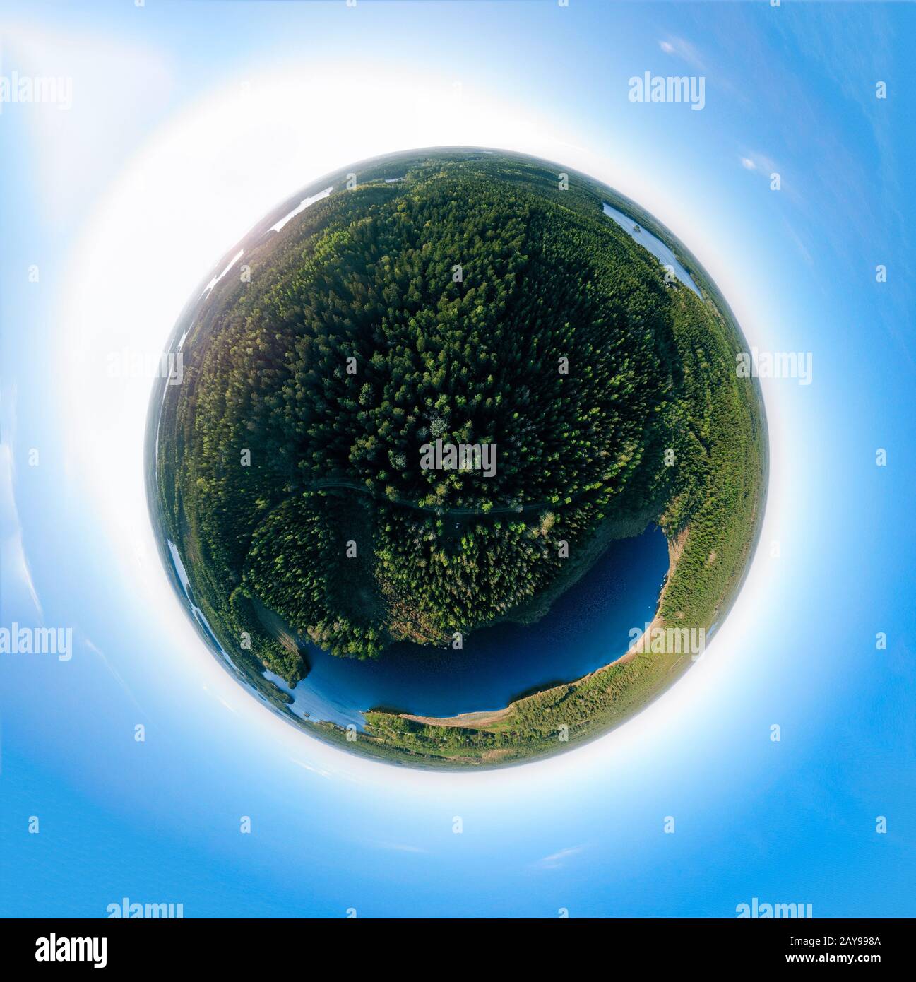 Sphere panorama of a wooded landscape with a lake Stock Photo - Alamy