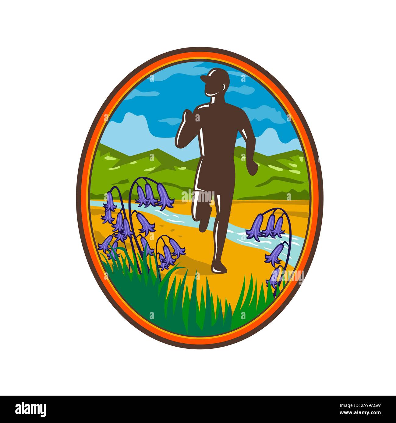Marathon Runner and Bluebells Oval Retro Stock Photo - Alamy