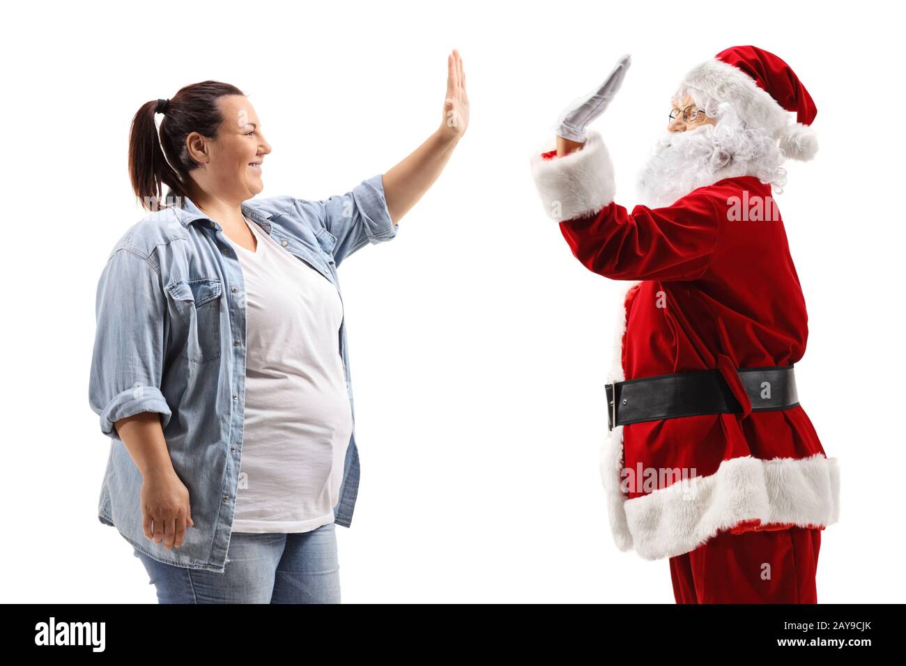 Overweight woman high-fiving Santa Claus isolated on white background ...