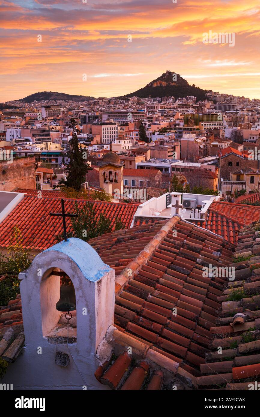 View of Lycabettus hill from Anafiotika neighborhood in the old town of ...