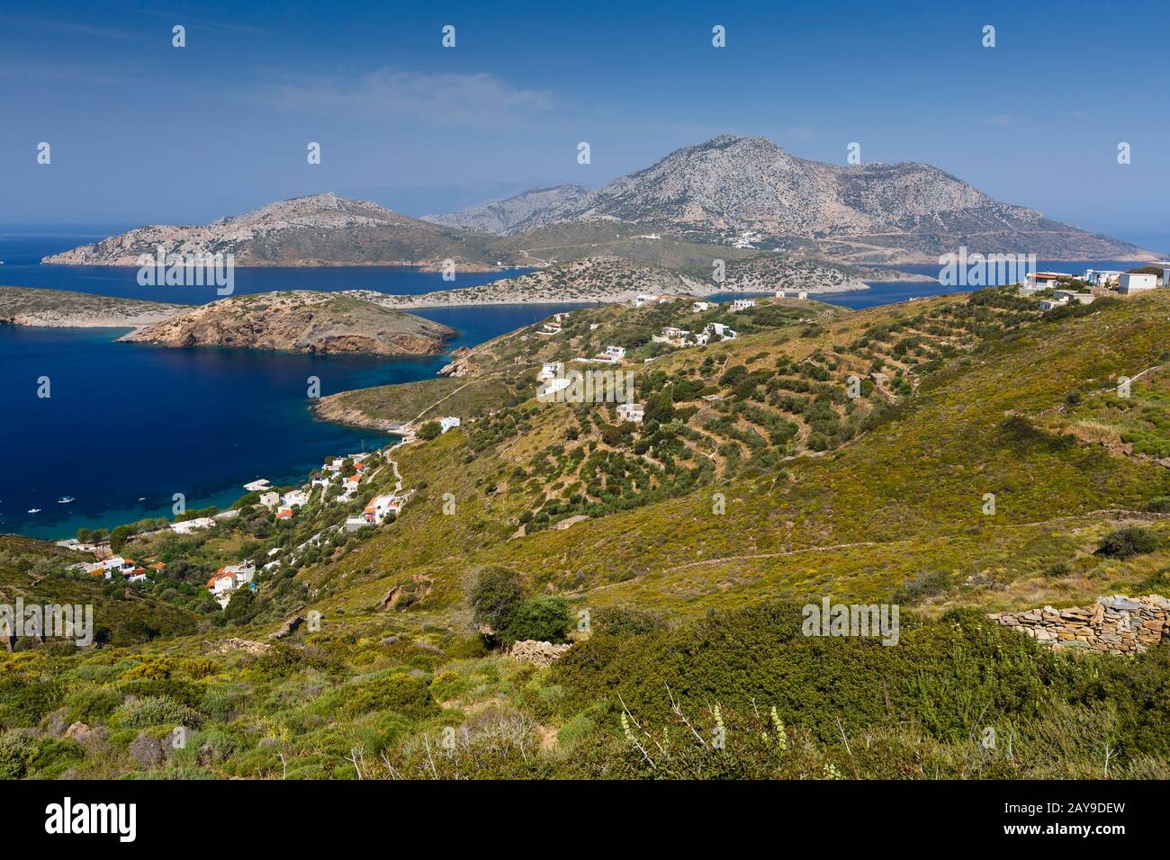 Kampi village on Fourni island and view of Thymaina island, Greece ...
