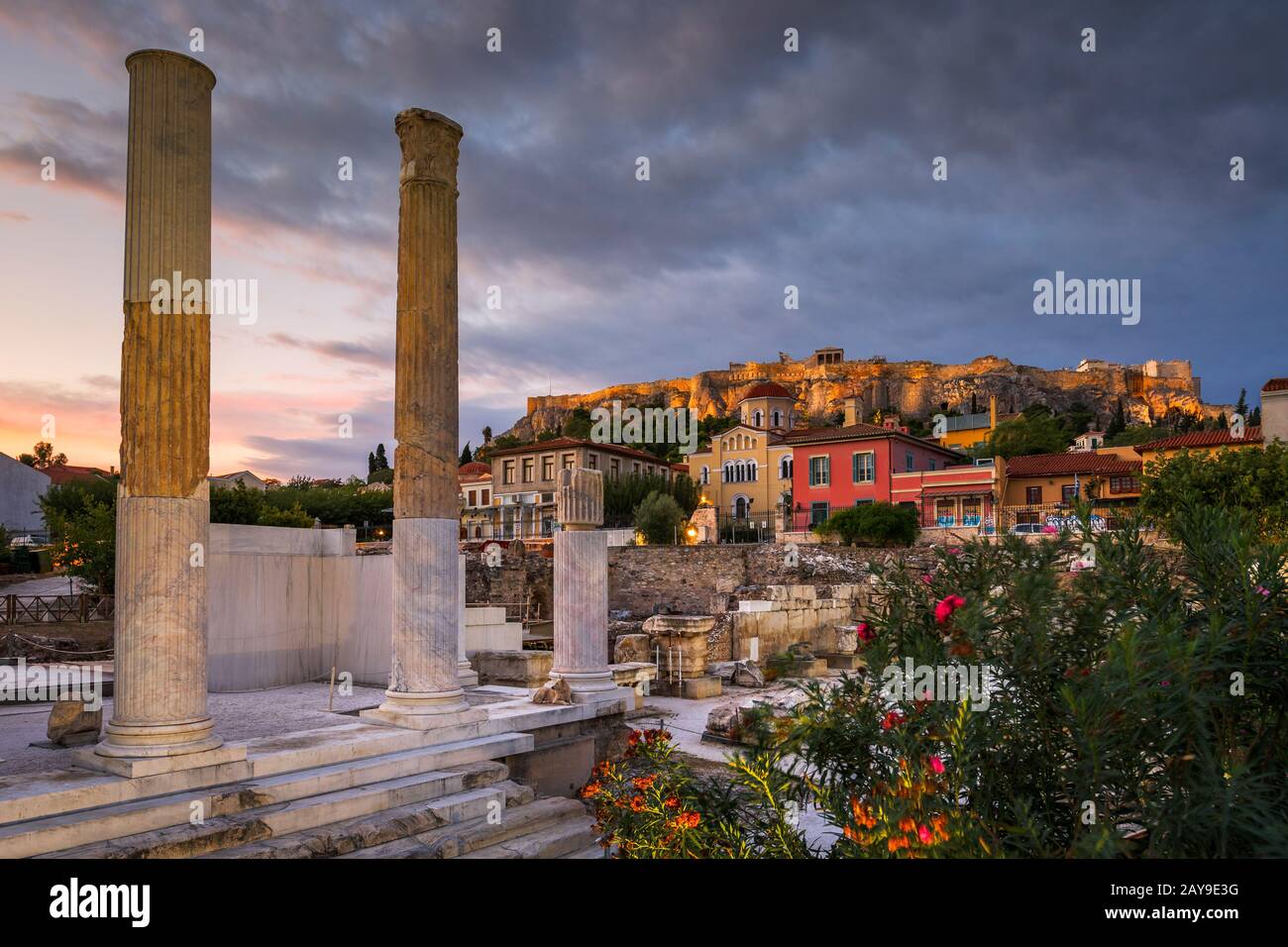 Remains of Hadrian's Library and Acropolis in the old town of Athens ...