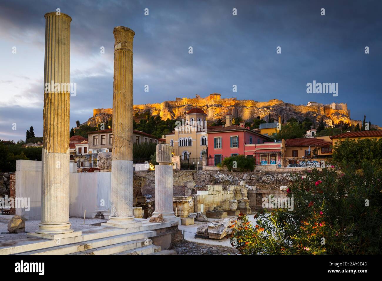 Remains of Hadrian's Library and Acropolis in the old town of Athens ...