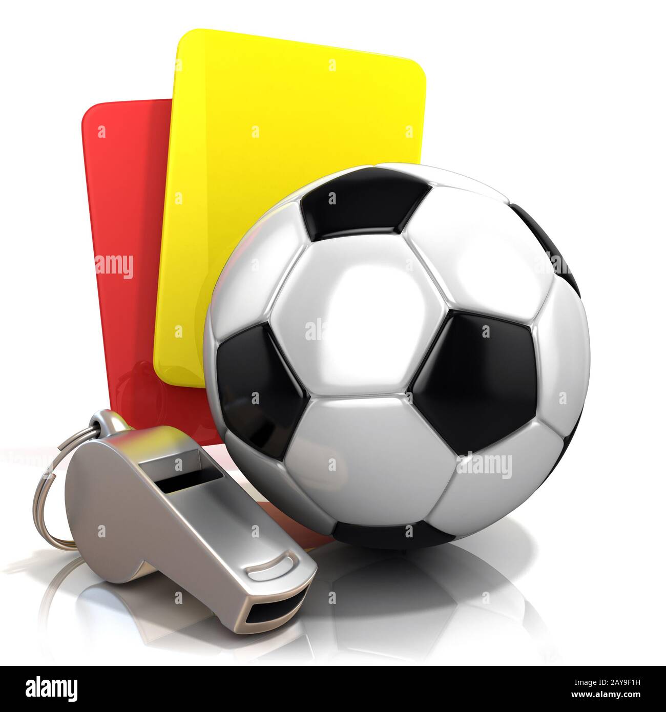 Football concept. Penalty (red and yellow) card, metal whistle and ...