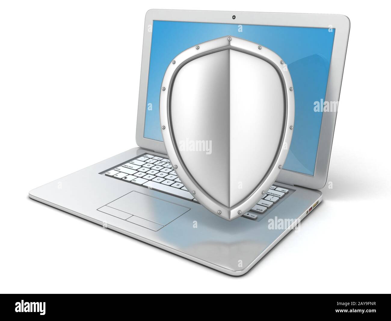 Shield covers laptop. Concept of information security. 3D Stock Photo ...