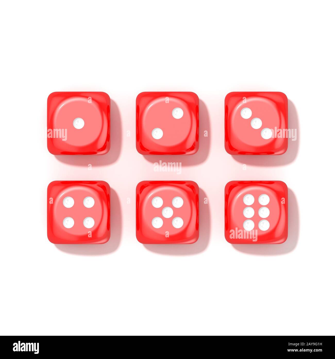 Set of red game dices, all numbers. Top view. 3D Stock Photo - Alamy