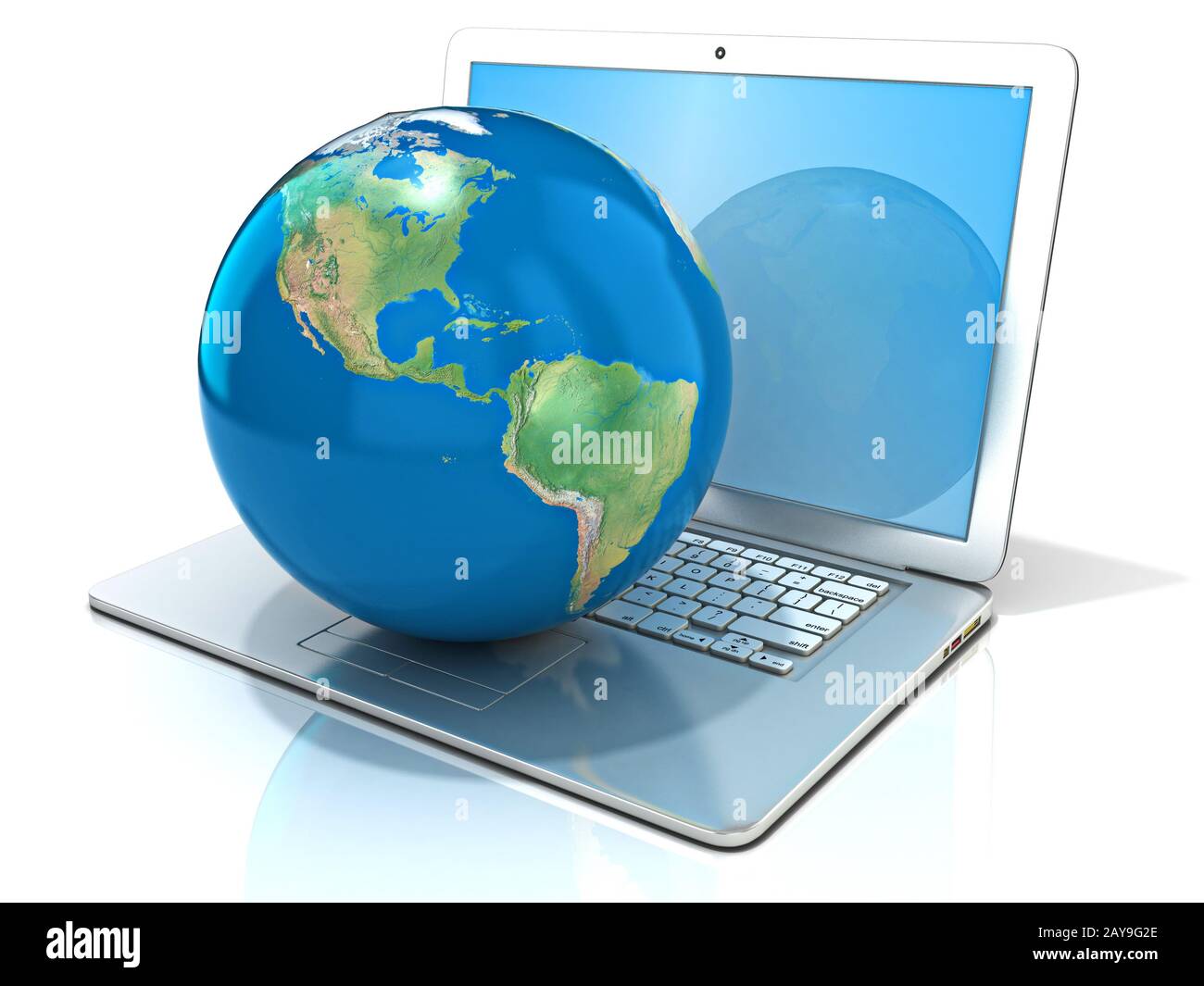 Laptop with illustration of earth globe, America view. 3D Stock Photo ...