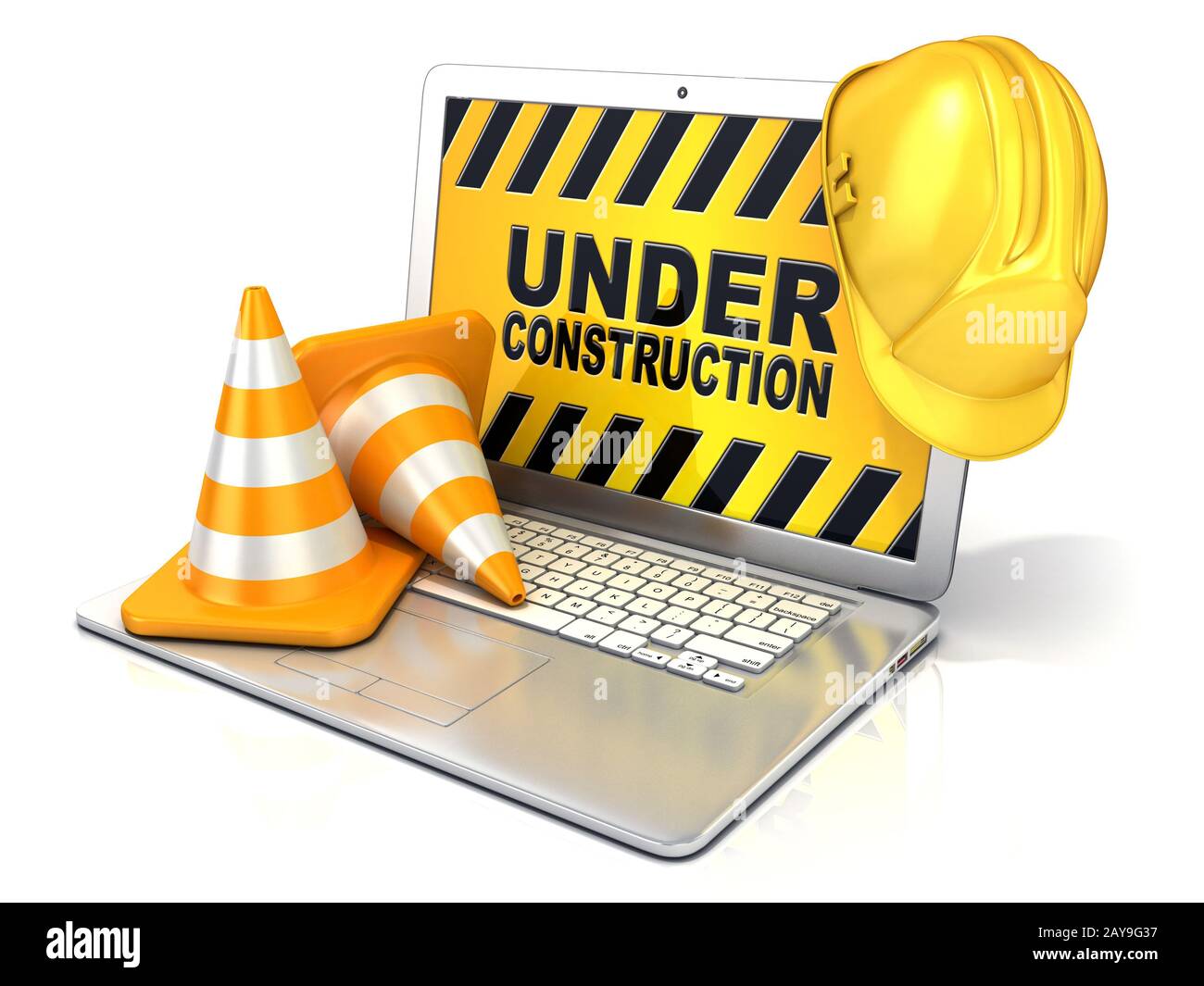 Laptop with safety helmet and traffic cones. 3D rendering - concept of ...