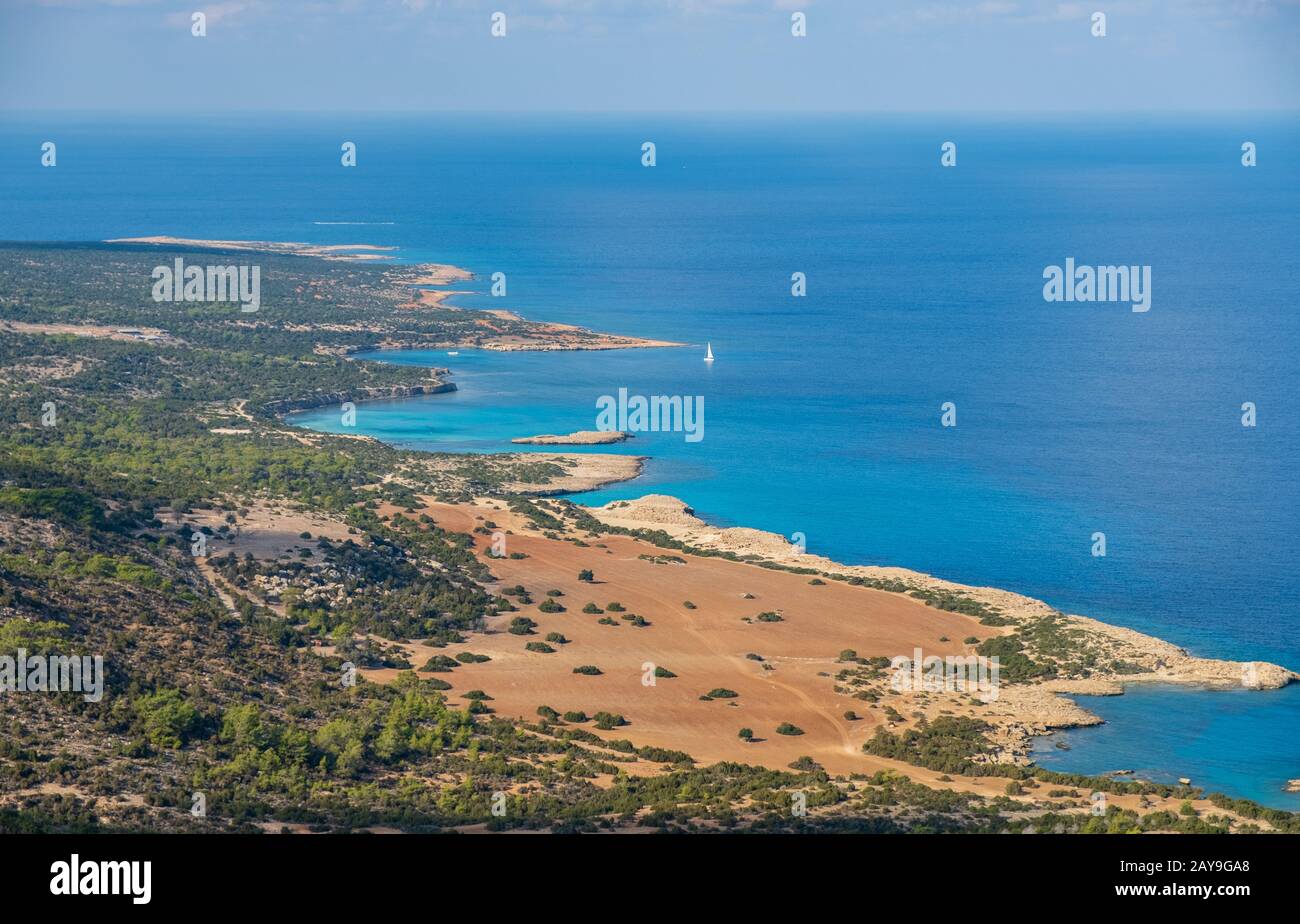 Bays and blue lagoon seen from Aphrodite trail, Akamas peninsula ...