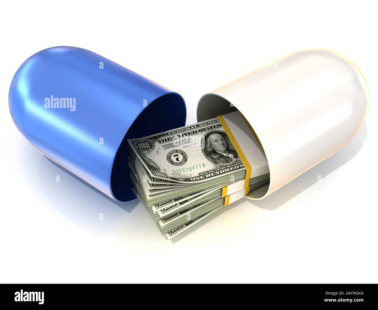 Opened blue pill capsule, with dollars stack inside Stock Photo - Alamy