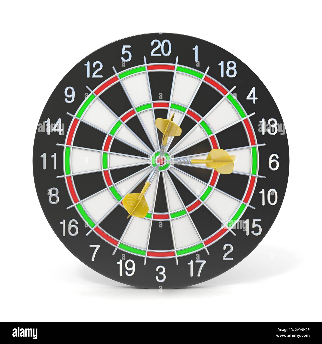 Dartboard with three orange darts on bullseye. Front view. 3D Stock ...