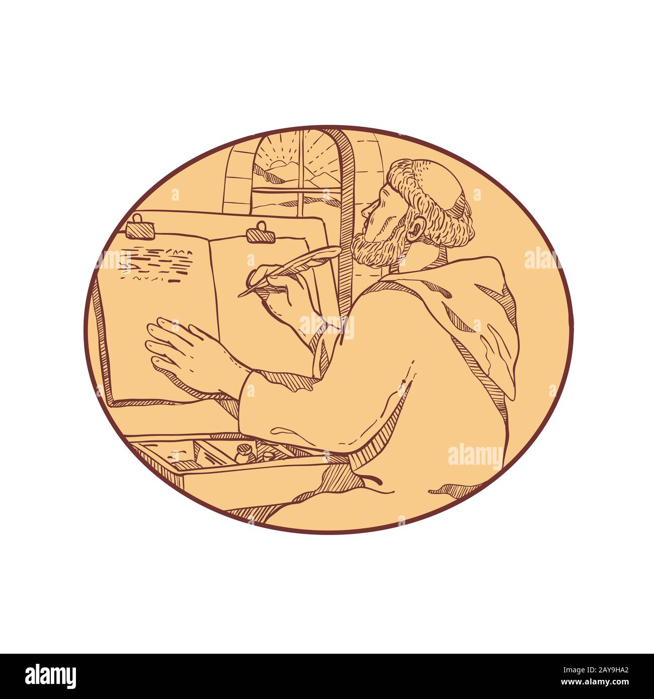 Medieval Monk Writing Illuminated Manuscript Drawing Color Stock Photo ...