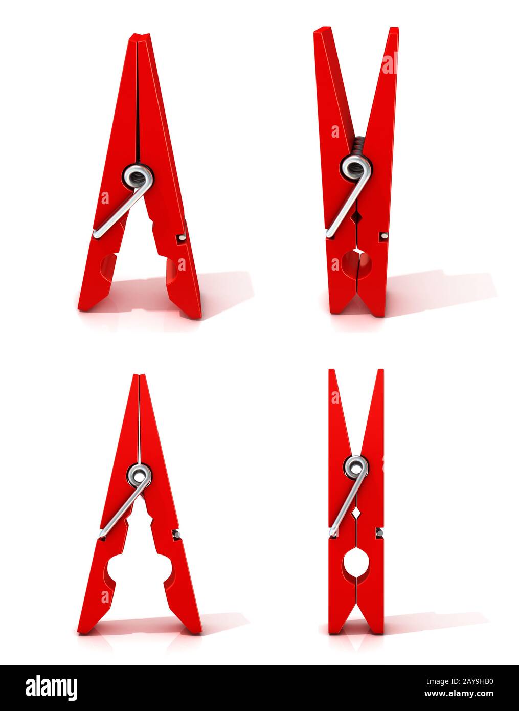 Set of red clothes pins. Opened and closed, standing Stock Photo - Alamy