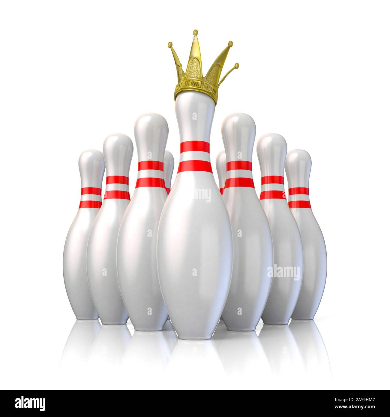 Bowling pins arranged and one with royal crown. 3D Stock Photo - Alamy