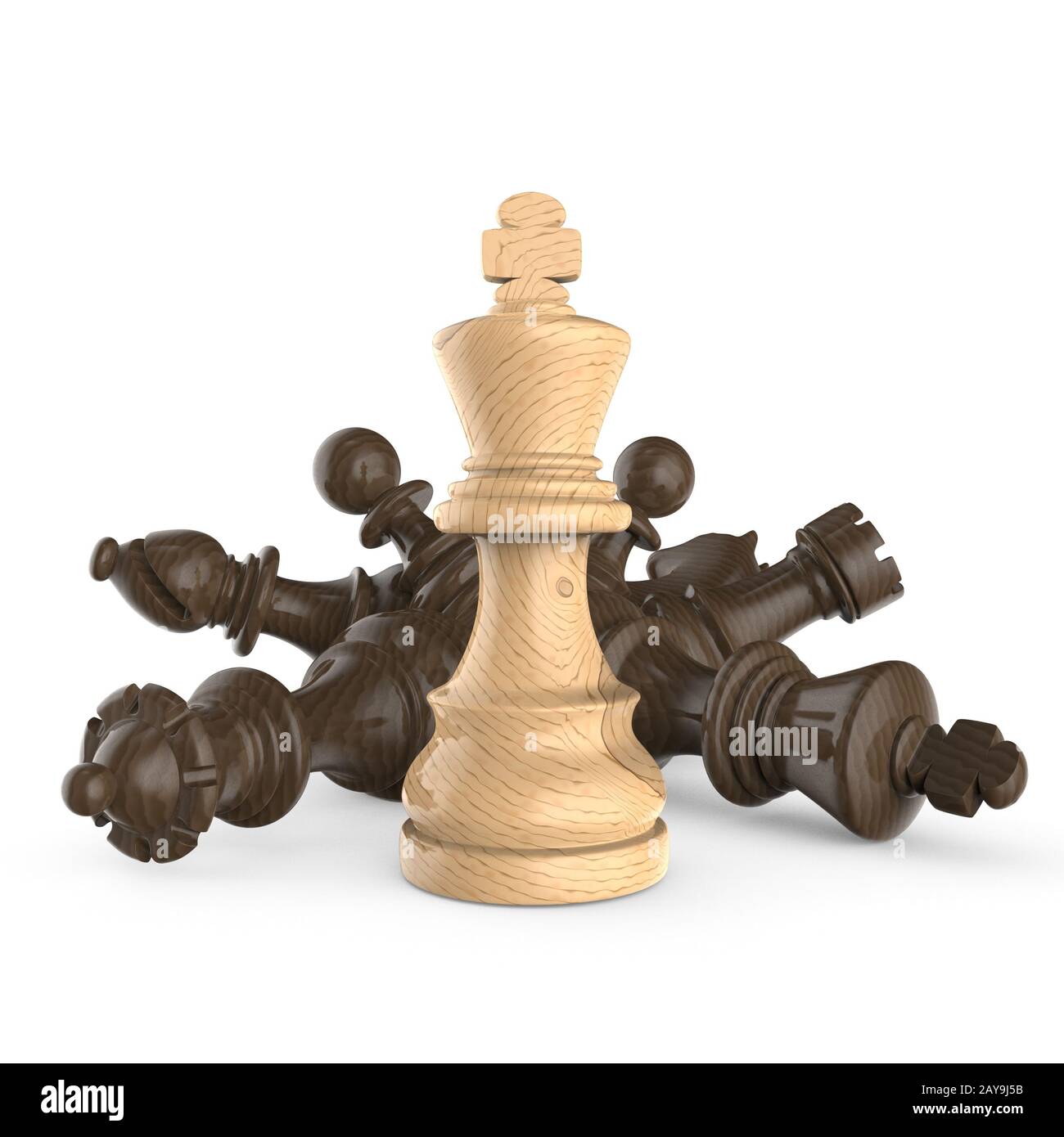White wooden king standing over fallen wooden black chess pieces 3D ...