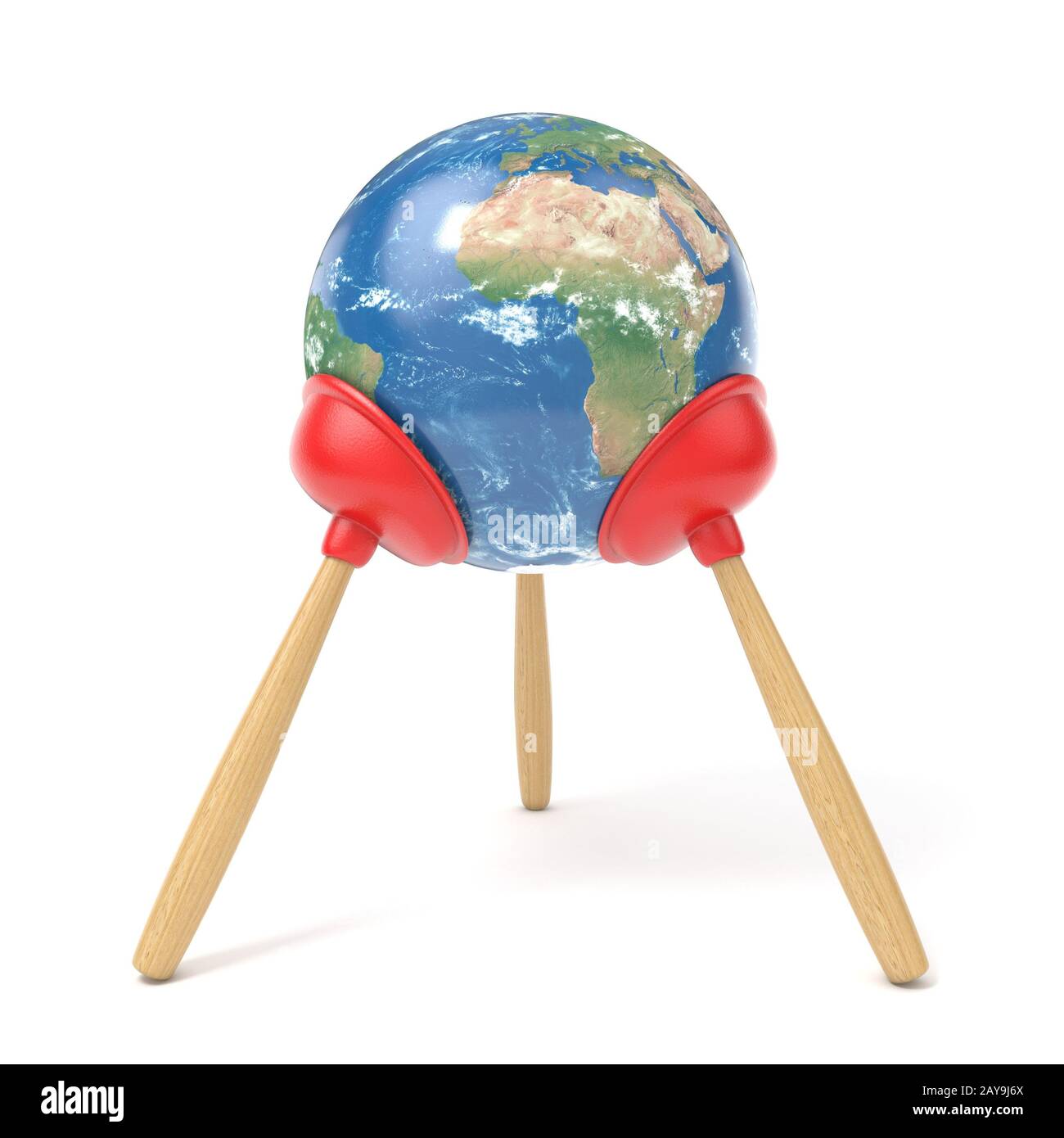 Planet Earth stand on three red kitchen plunger 3D Stock Photo - Alamy