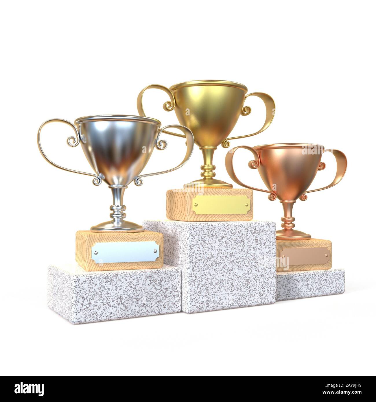 Gold, silver and bronze winners trophy cups 3D Stock Photo - Alamy