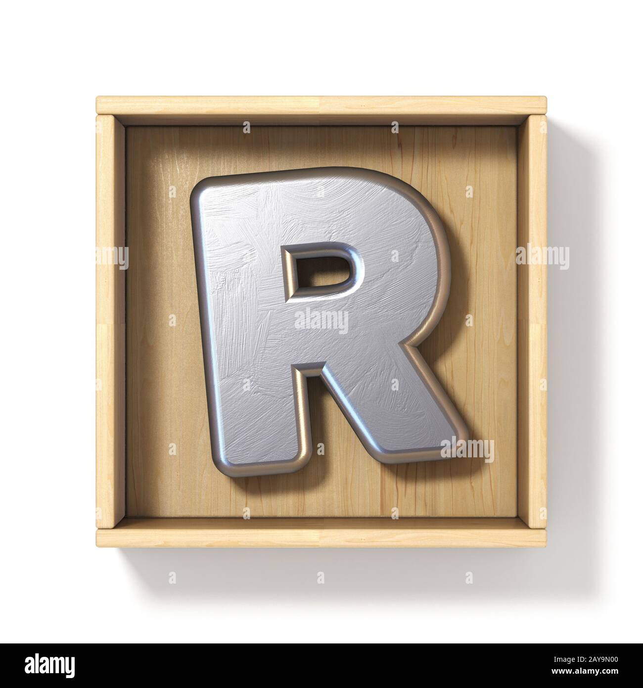 Silver metal letter R in wooden box 3D Stock Photo - Alamy