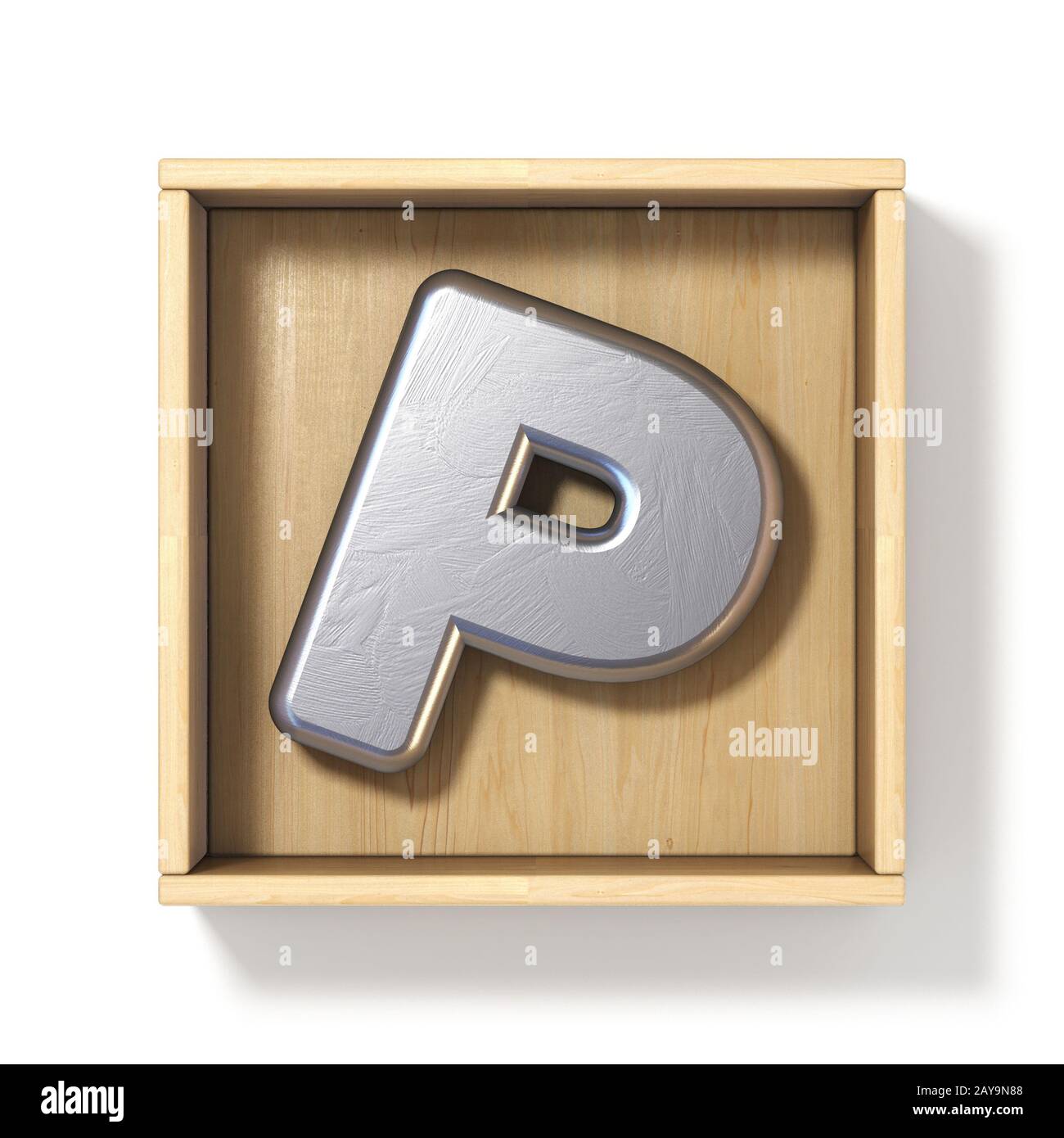 Silver metal letter P in wooden box 3D Stock Photo - Alamy