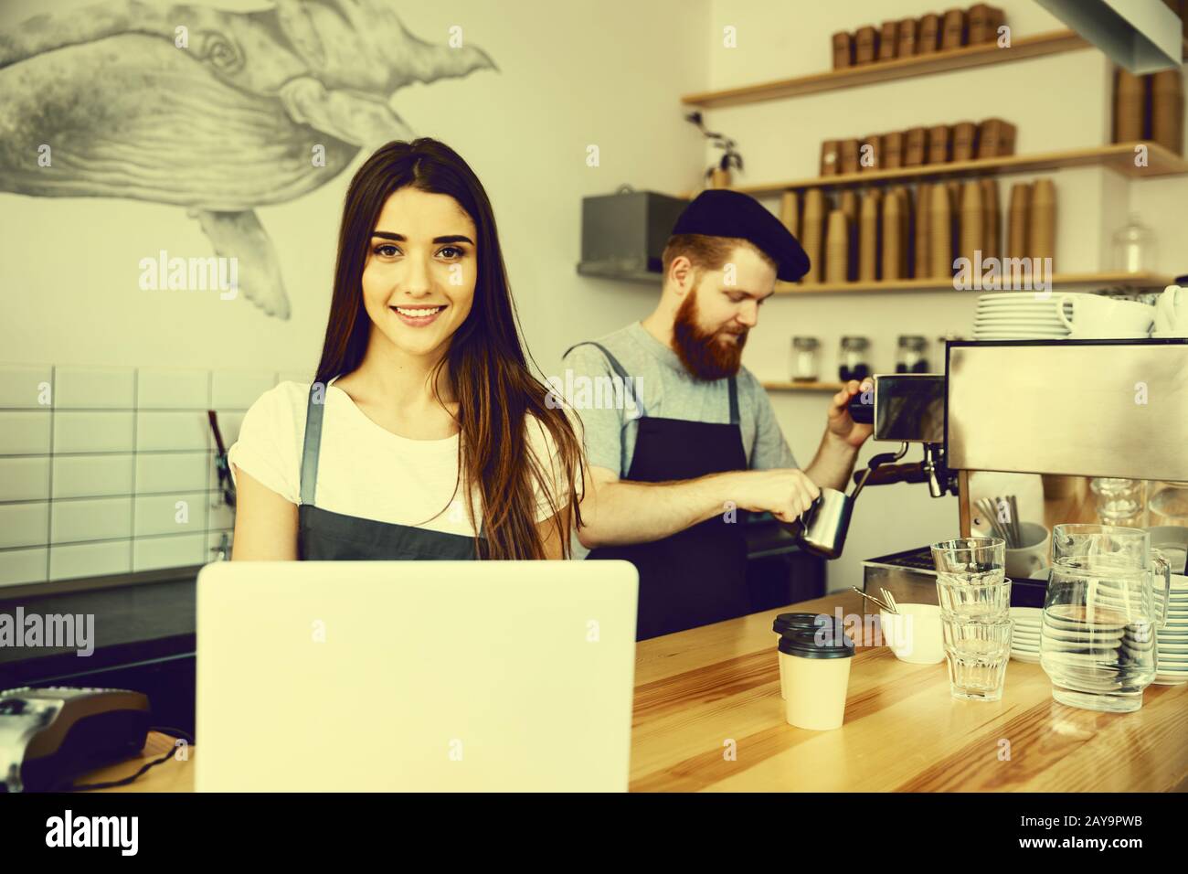 Coffee Business Concept - beautiful caucasian bartender barista or ...