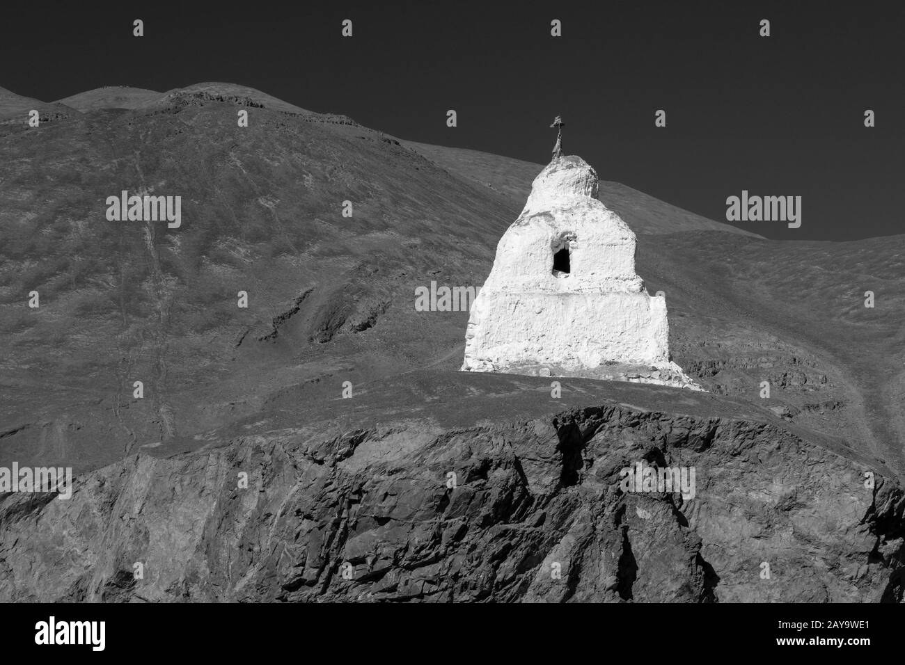 Gleaming white stupa on the mountain side, Stok Gompa, Ladakh, India ...