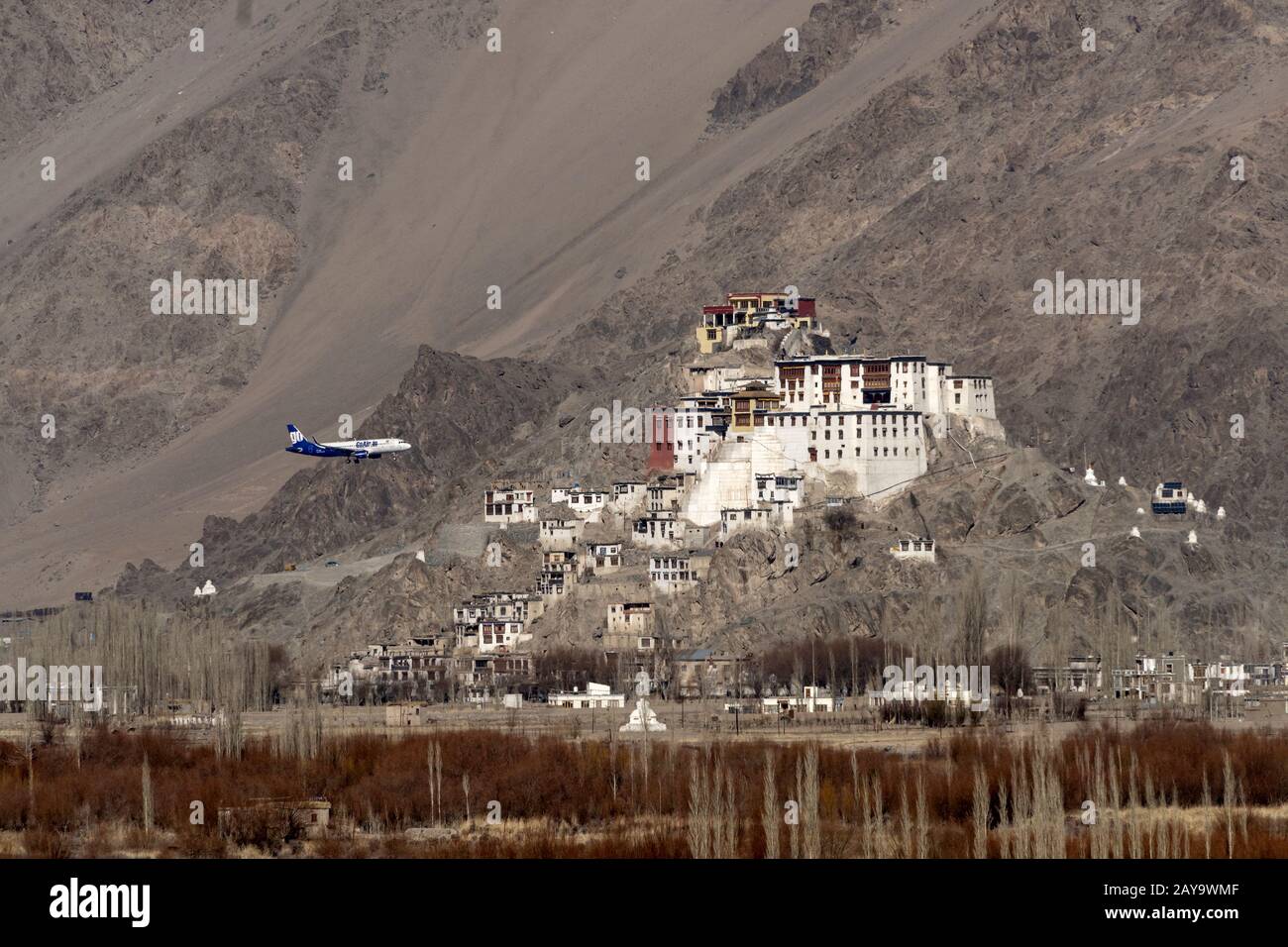 Go air flight flying past Spituk Gompa on its way to Leh airport ...