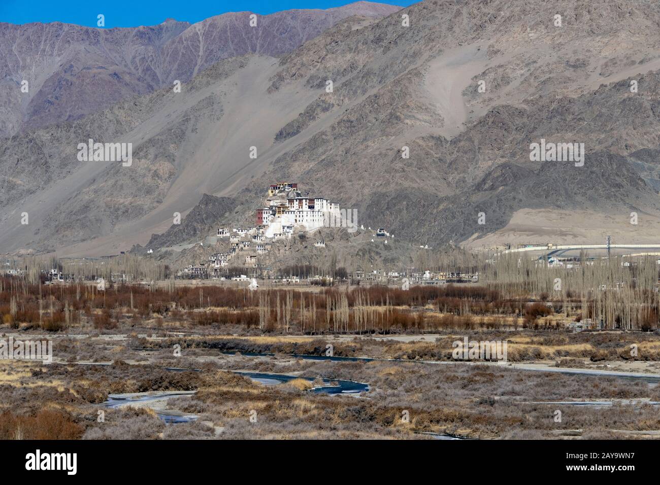 Indus River valley looking towards Spituk Gompa, Leh, Ladakh, India ...